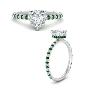 Pave Set Under Halo Heart Emerald Engagement Ring In 14K White Gold ...