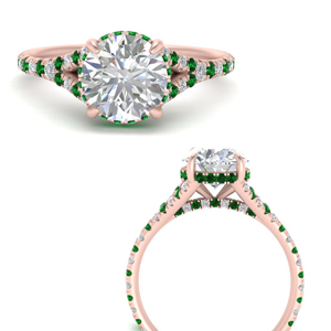 Round Cut Emerald Hidden Halo Cathedral Engagement Ring In 14K Rose ...