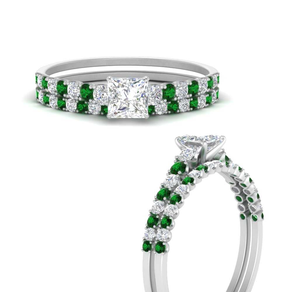 U Prong Graduated Princess Cut Emerald Engagement Ring Set In 18K White ...