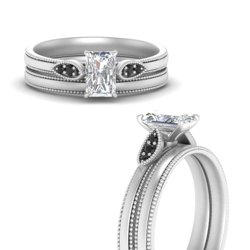 Milgrain Simple Radiant Cut Black diamond Wedding Ring Set In 950 ...
