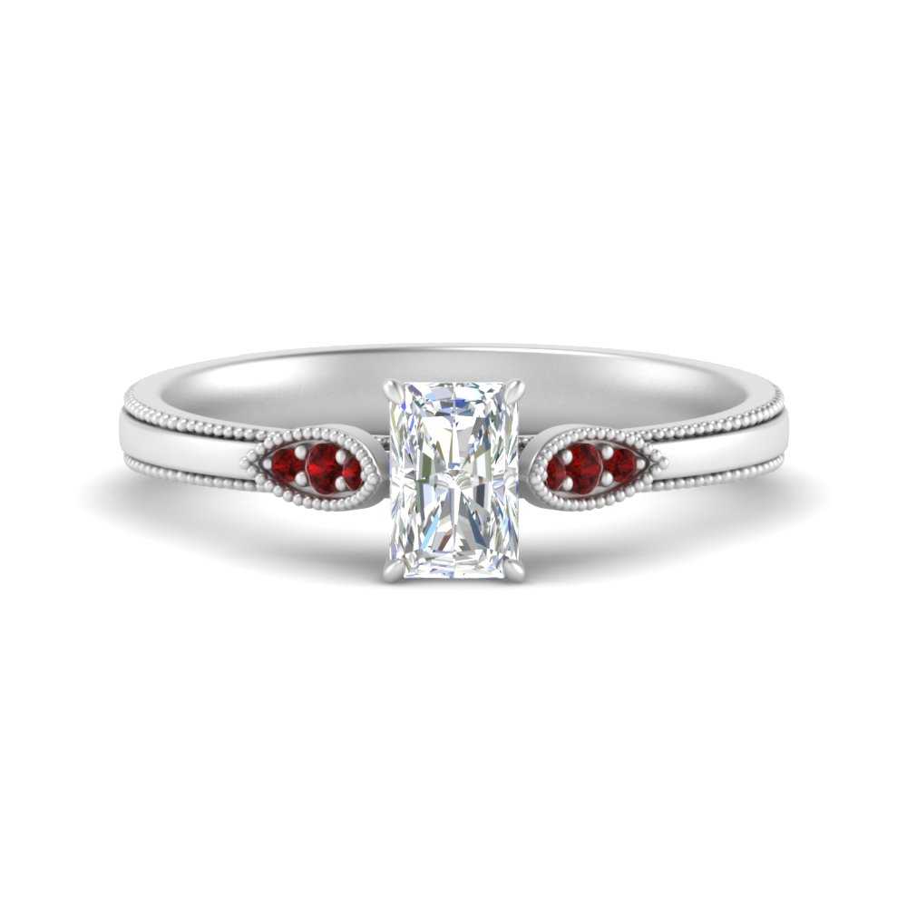 Milgrain Simple Radiant Cut Ruby Engagement Ring In 14K White Gold ...