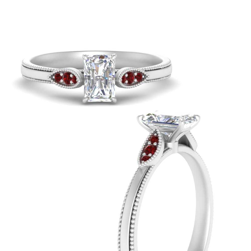 Milgrain Simple Radiant Cut Ruby Engagement Ring In 14K White Gold ...