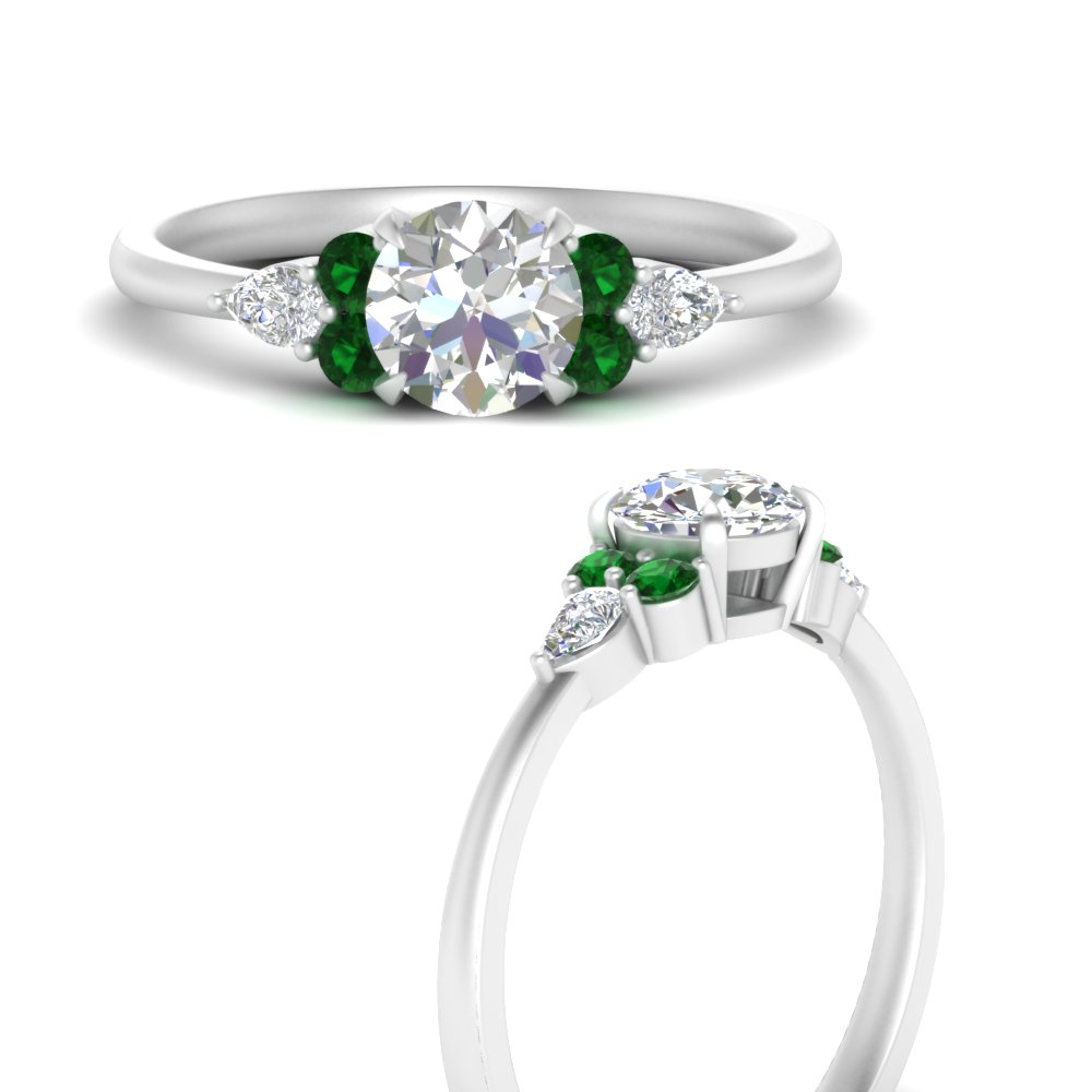 Pear Accented Round Cut Diamond Ring With Emerald In 14K White Gold ...
