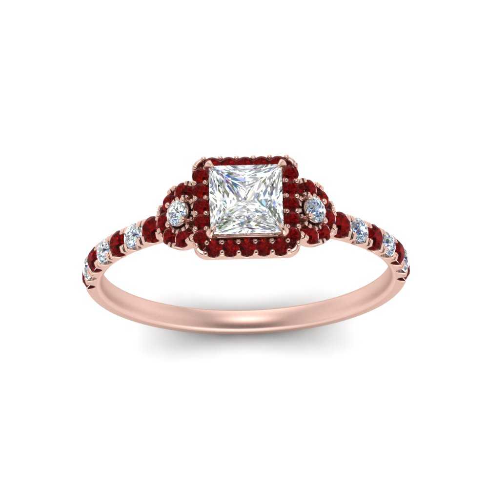Princess Cut Halo Accented diamond Engagement Ring With Ruby In 14K ...